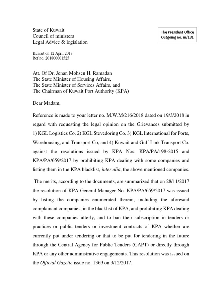 KGL - Kuwait Council of Ministers Legal Advice 4.12.18 | PDF ...