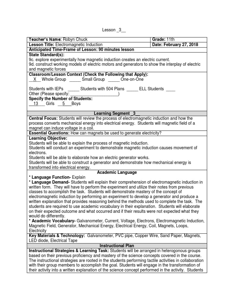 Edtpa Lesson Plan 3 | PDF | Electromagnetic Induction | Electric Generator