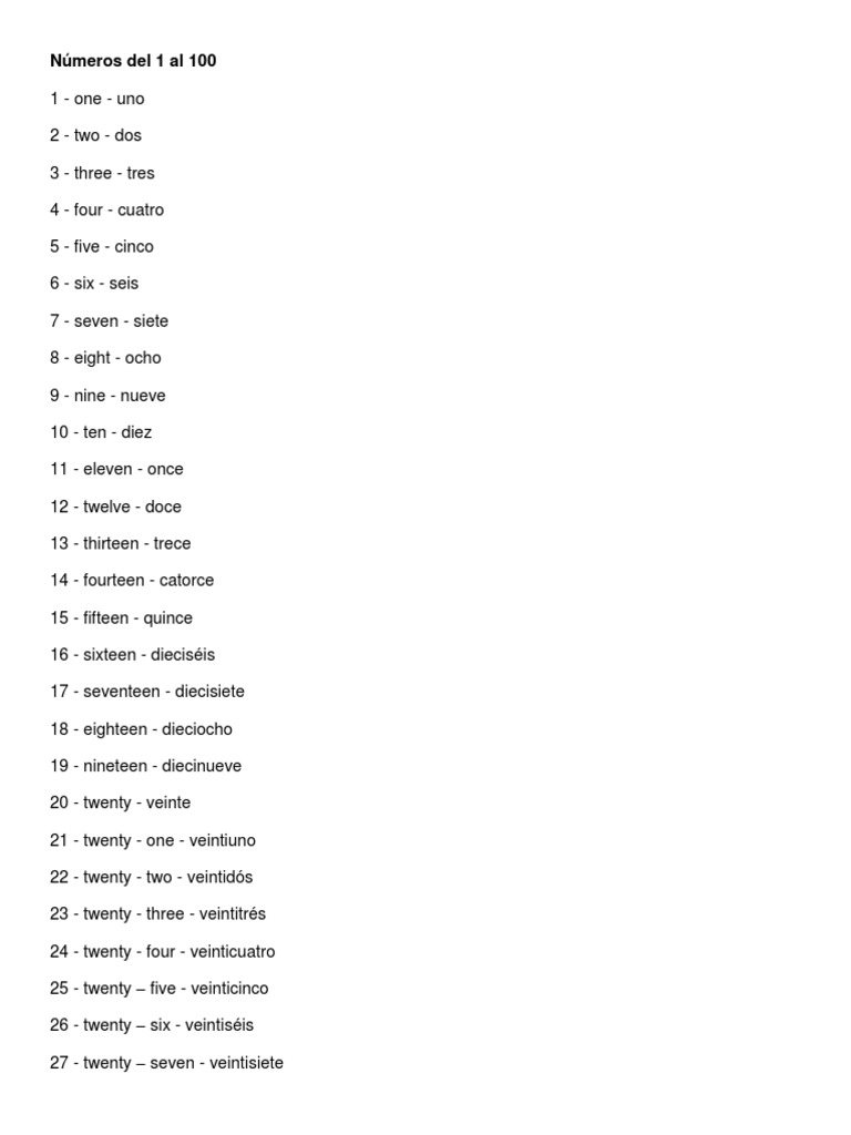 Numeros En Español 1 100 The Numbers From 100 To 1 In Spanish For