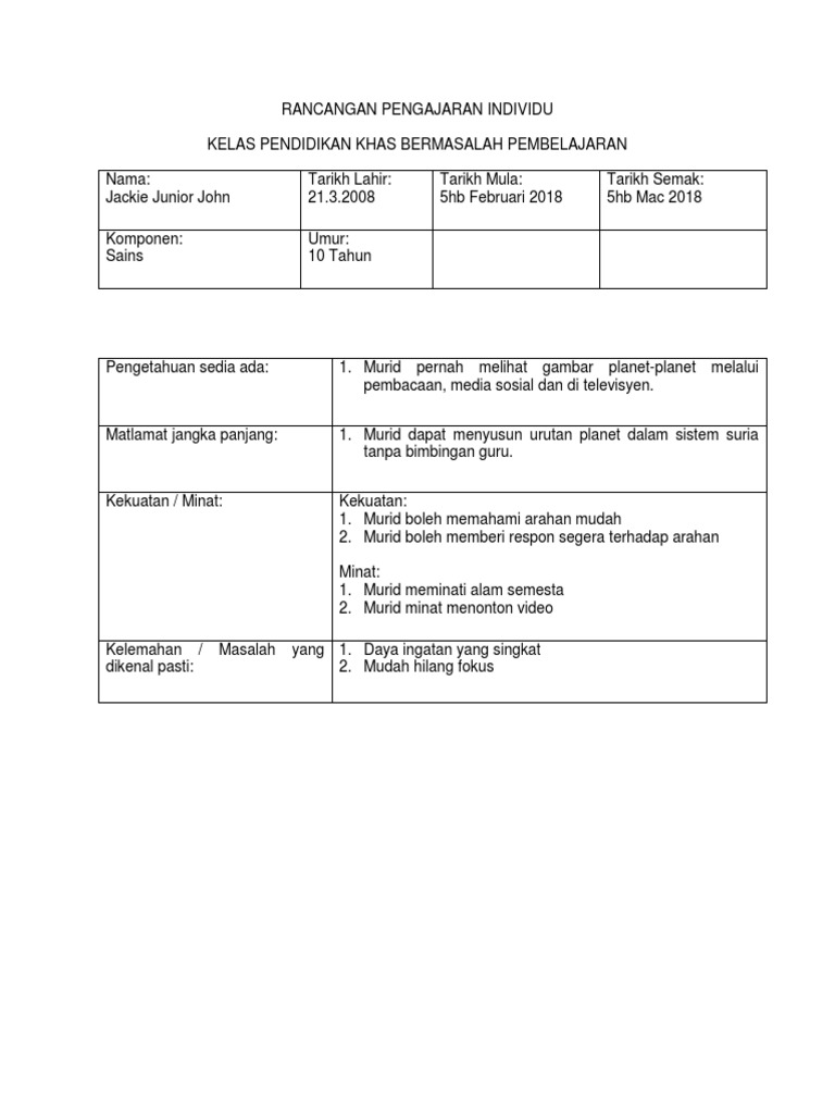 Rancangan Pengajaran Individu | PDF