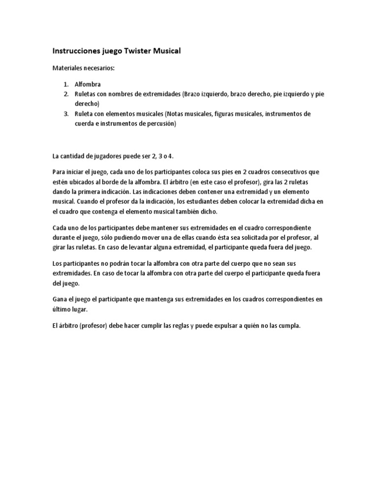 Instrucciones Juego Twister Musical | PDF | Ocio | Entretenimiento ...