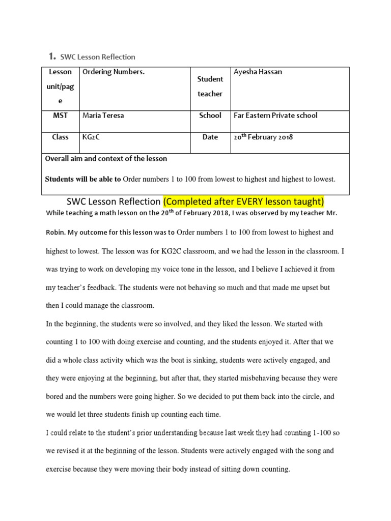 Ordering Numbers Reflection | PDF | Classroom | Teachers