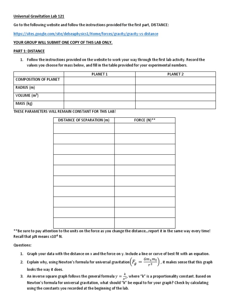 Universal Gravitation Lab 121 | PDF | Newton's Law Of Universal ...