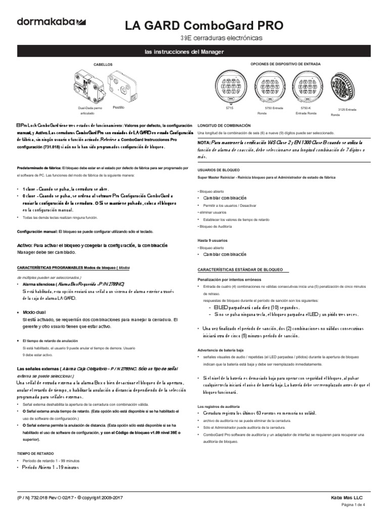 Combogard Pro 39e Electronic Combination Locks Manager Instructions ...