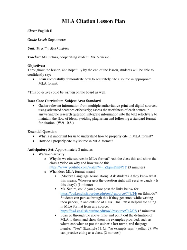 Mla Citation Lesson Plan | PDF | Citation | Cognition