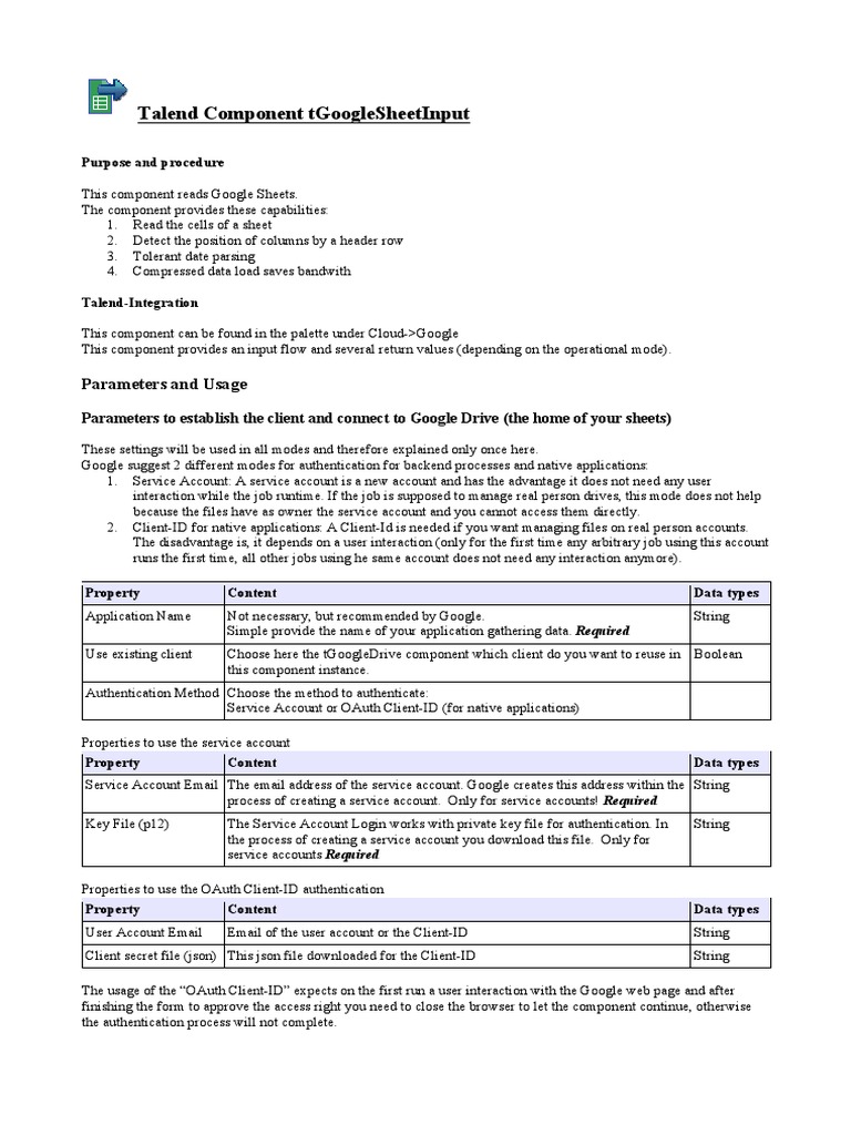 Talend Component tGoogleSheetInput | PDF | Json | User (Computing)