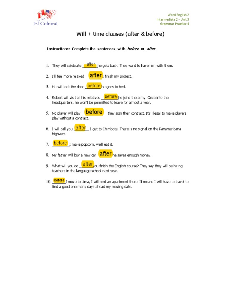 Using Time Clauses with Will: A Grammar Practice on Completing ...