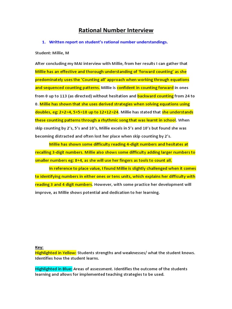 Rational Number Interview: 1. Written Report On Student's Rational ...