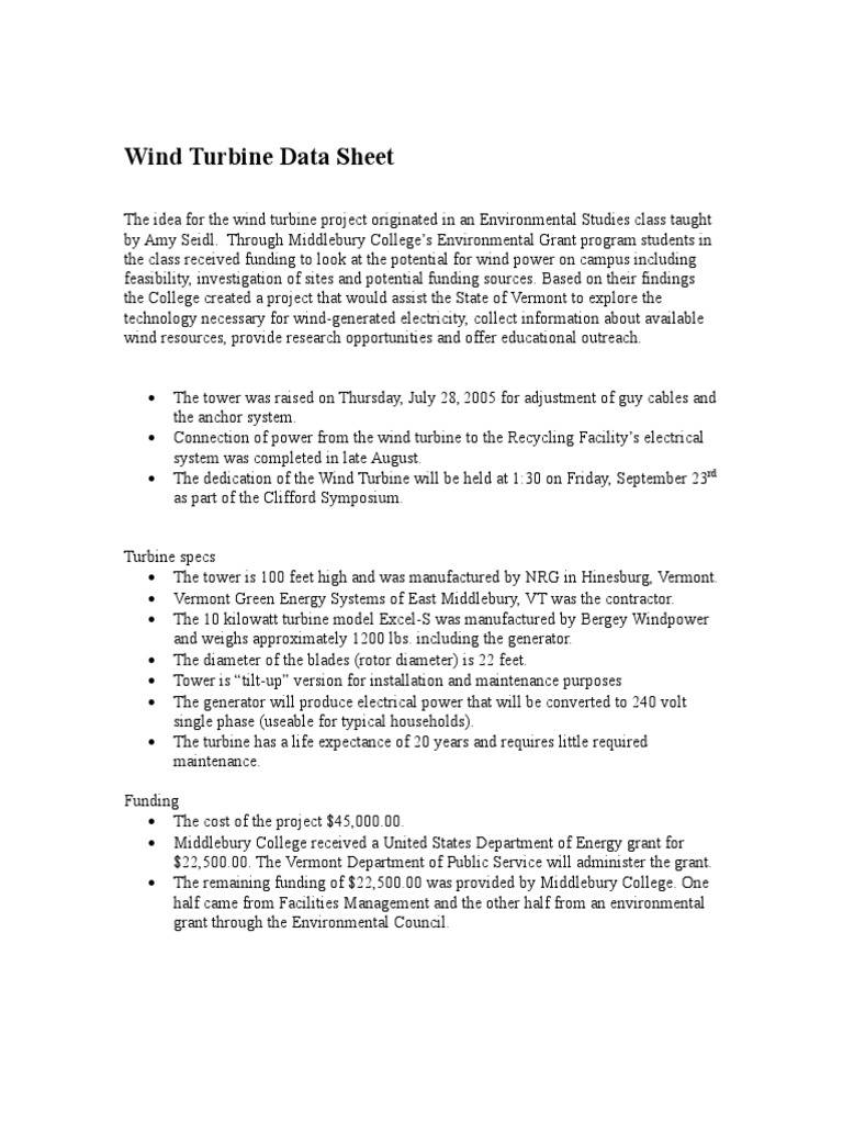 Wind Turbine Data Sheet | Download Free PDF | Wind Power | Wind Turbine