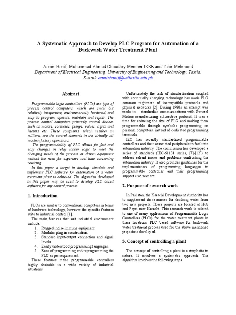 A Systematic Approach To Develop PLC Program For Automation of A Backwash Water Treatment Plant ...