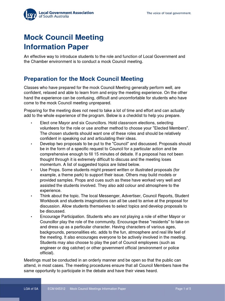 Mock Council Meeting Information Paper | PDF | Agenda (Meeting) | Mayor