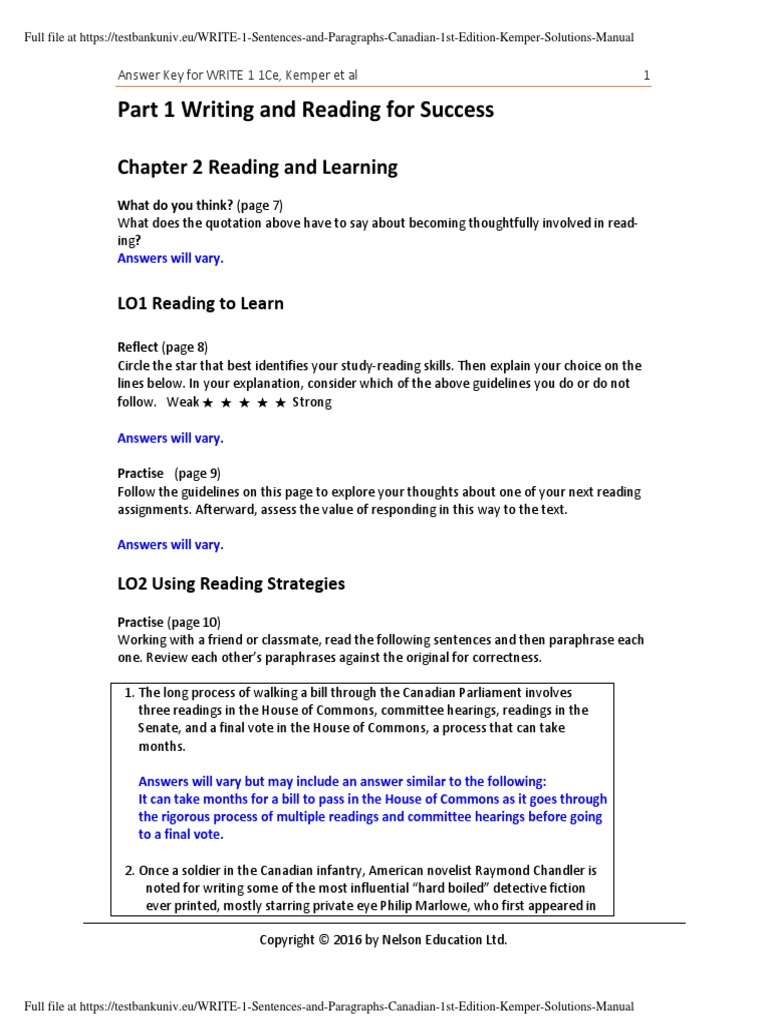 WRITE 1 Sentences and Paragraphs Canadian 1st Edition Kemper Solutions ...