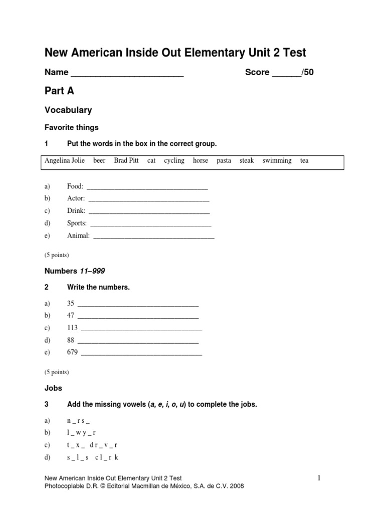 New American Inside Out Elementary Unit 2 Test: Part A | PDF ...