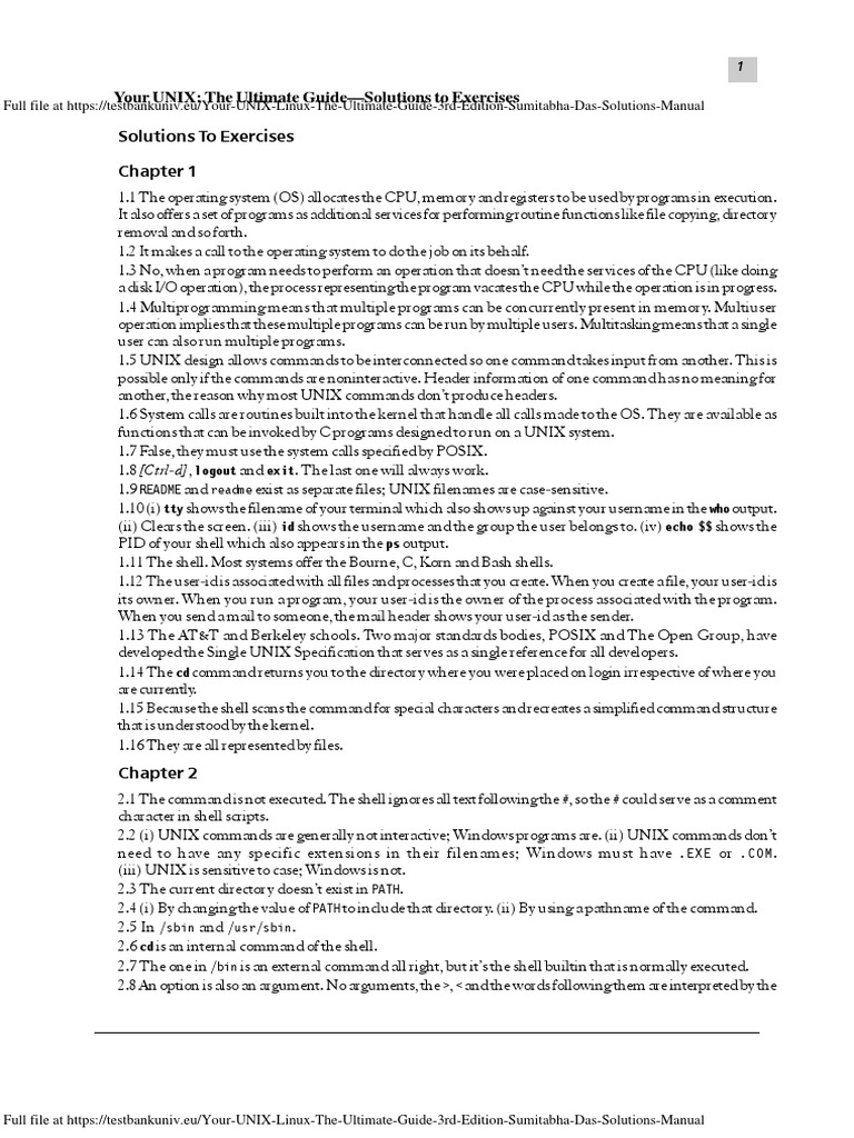UNIX Exercise Solutions Guide | PDF