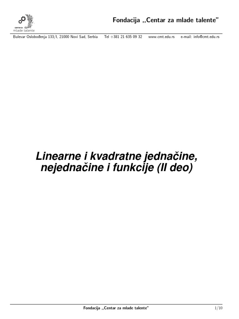 Cas 03 - Linearne I Kvadratne Jednacine, Nejednacine I F-Je (II Deo) | PDF Cas 03 - Linearne I Kvadratne Jednacine, Nejednacine I F-Je (II Deo) | PDF