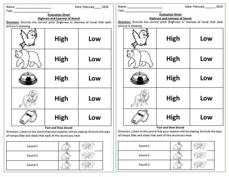 Music Evaluation Year 1 (Higness and Lowness of Sound) | PDF