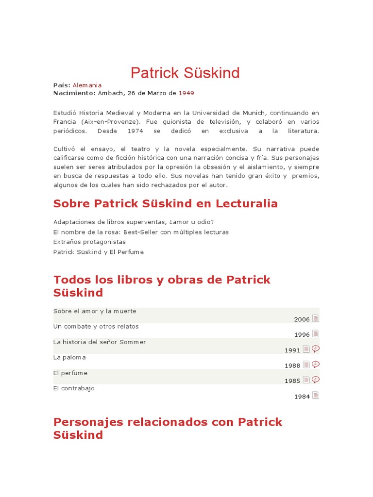 Biografía y obras de Patrick Süskind | PDF | Novelas