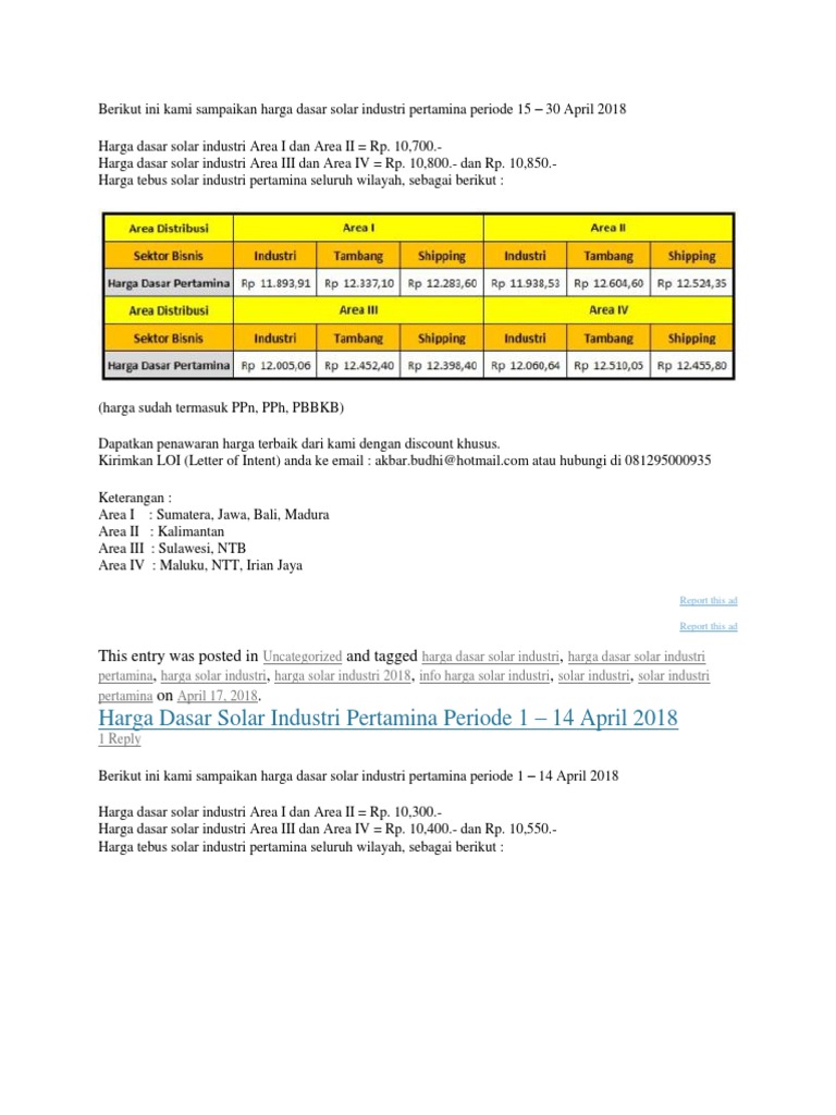 Harga Solar Industri Pertamina April 2018 | PDF