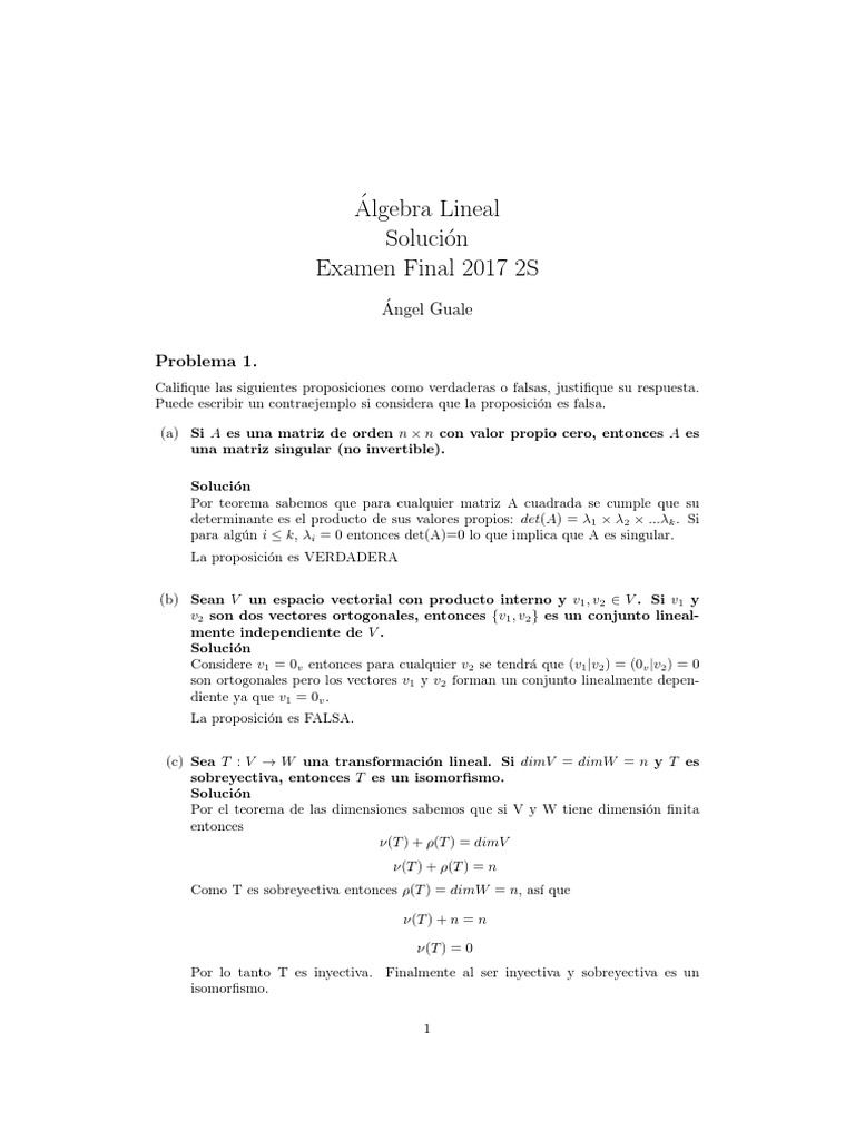 Algebra Lineal Soluci On Examen Final 2017 2S: Angel Guale | PDF ...