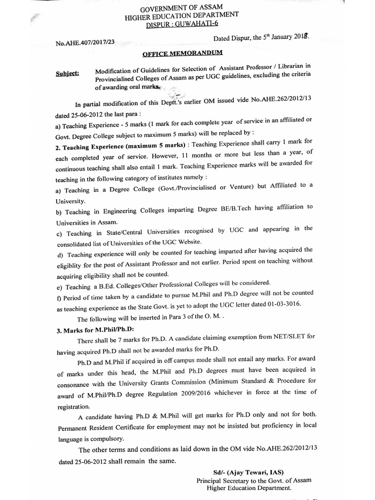 Modification of Guidelines For Selection of Assistant Professor | PDF