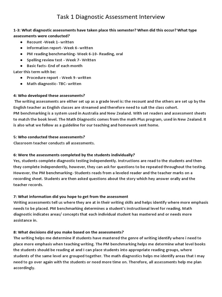 Task 1 Diagnostic Assessment Interview | PDF | Educational Assessment ...