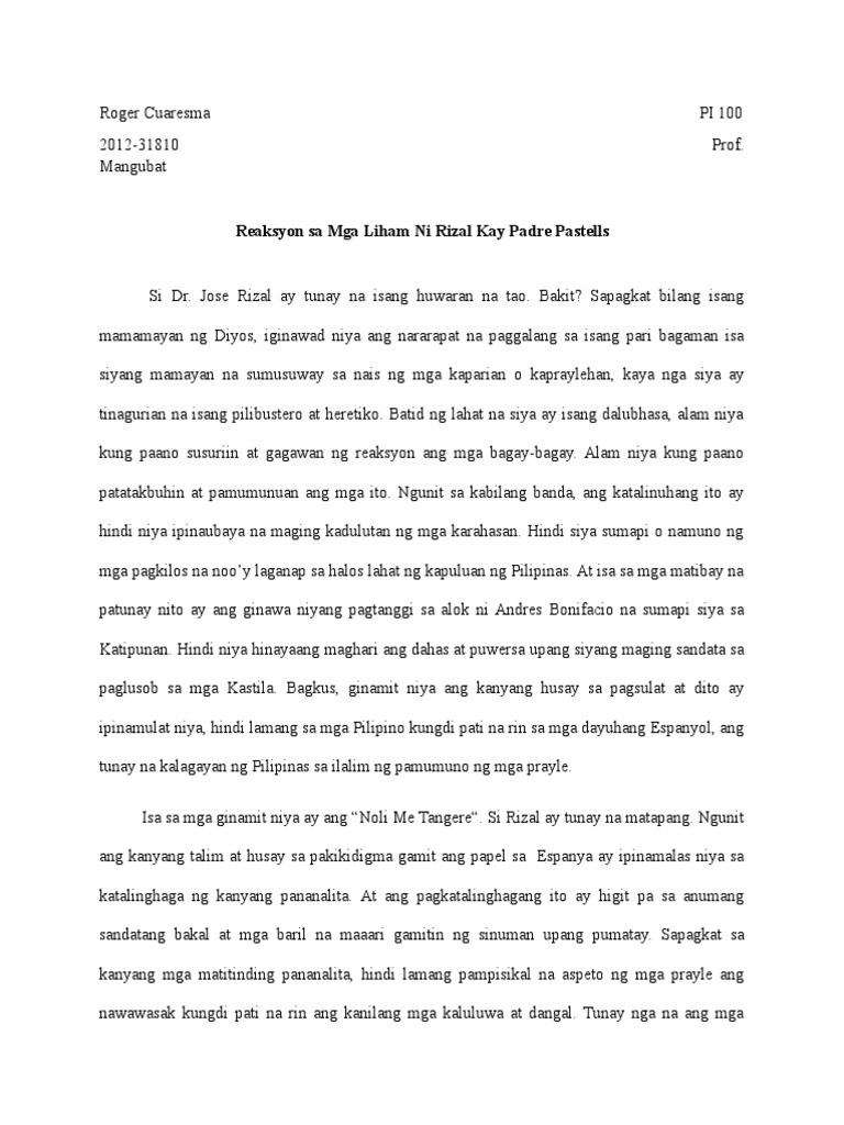 Reaksyon Sa Mga Liham Ni Rizal Kay Padre Pastells | PDF