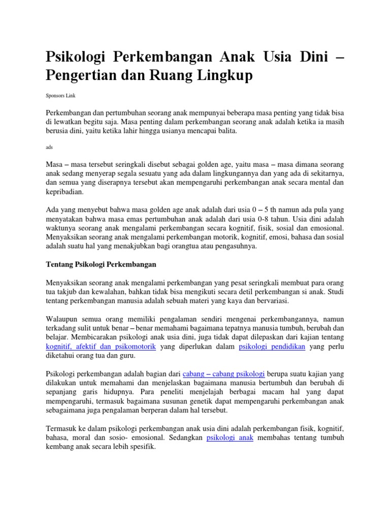 Psikologi Perkembangan Anak Usia Dini | PDF