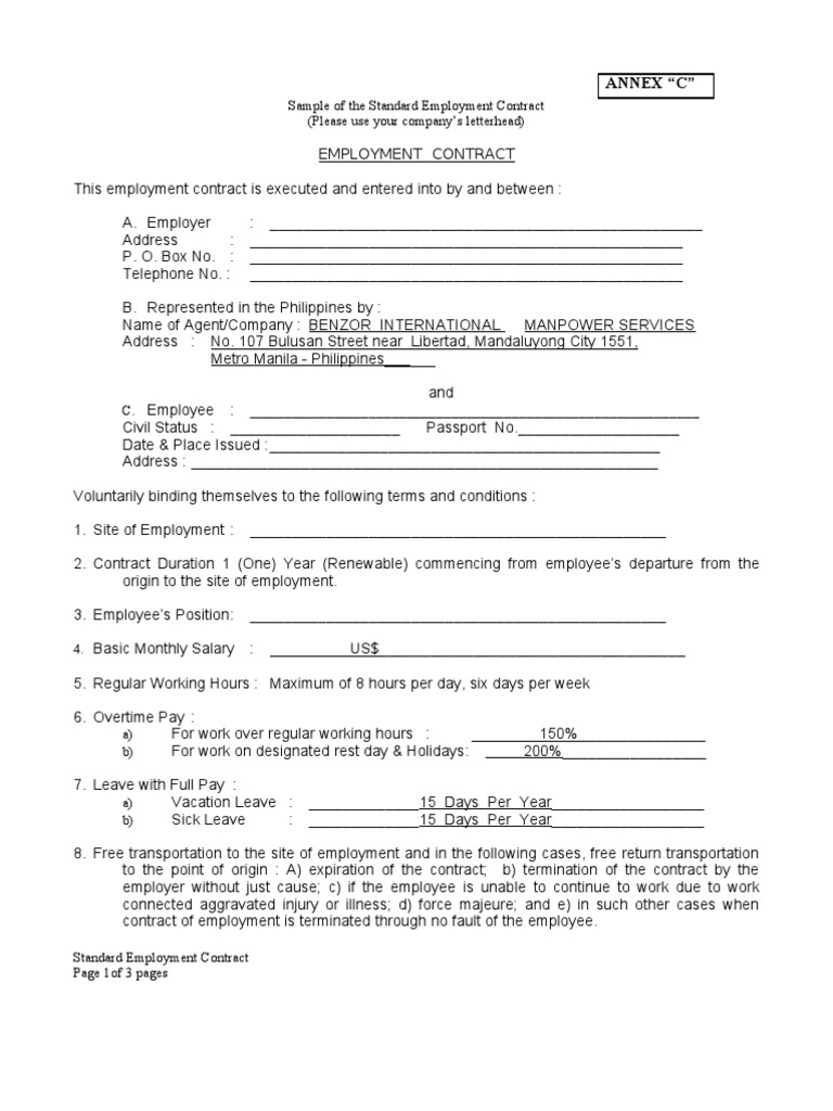 Standard Employment Contract Sample | PDF | Working Time | Employment