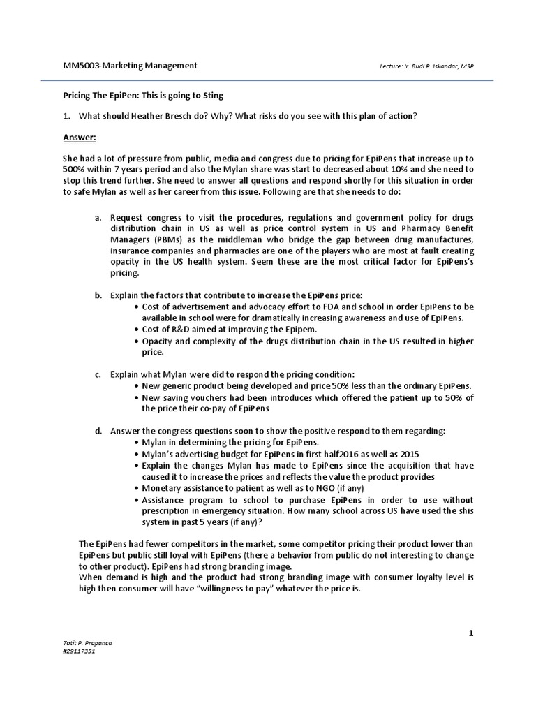 Pricing The Epipen | PDF | Epinephrine Autoinjector | Mylan