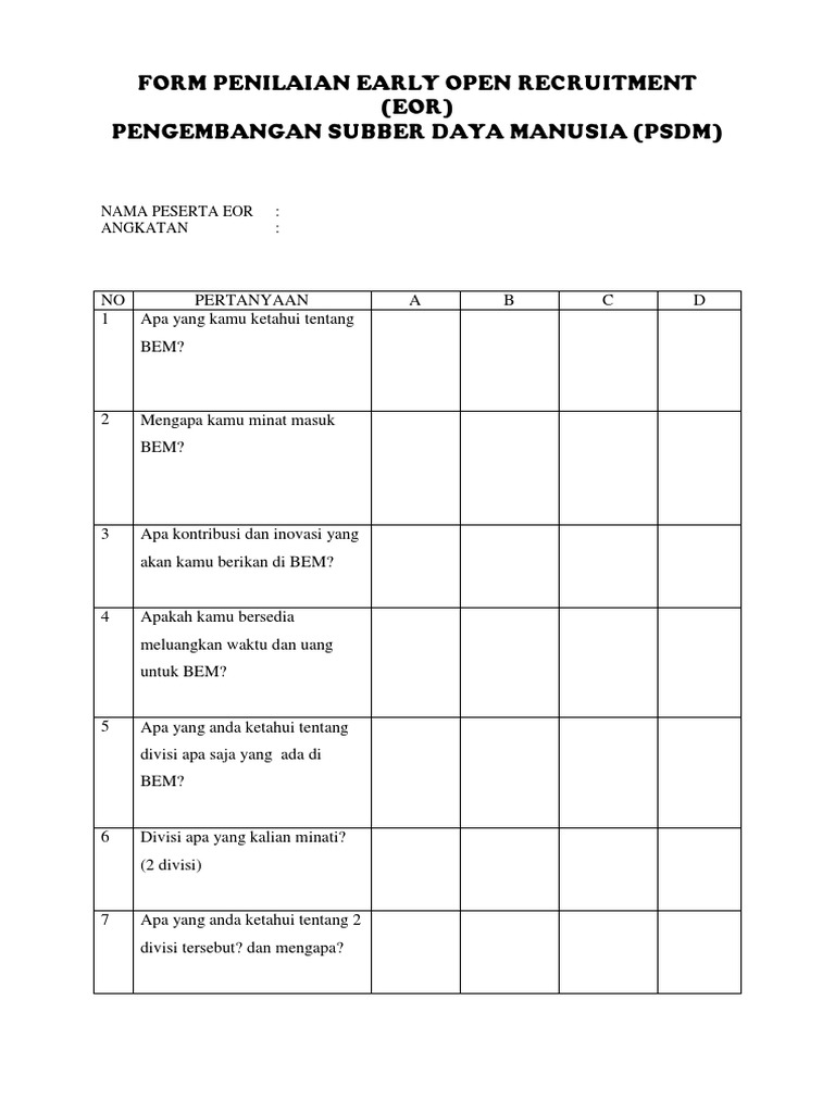 Form Penilaian Early Open Recruitment (EOR) Pengembangan Subber Daya Manusia (PSDM) | PDF