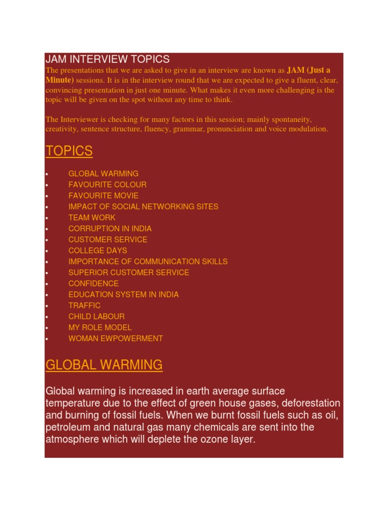 Jam Interview Topics | PDF | Child Labour | Global Warming