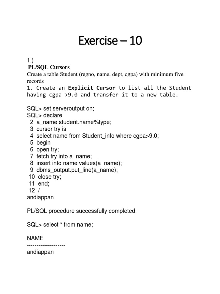 Exercise - 10: PL/SQL Cursors | PDF | Teaching Methods & Materials | Computers