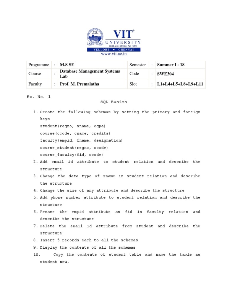 Exercise - 1 SQL Basics - DDL | Download Free PDF | Information Science | Databases
