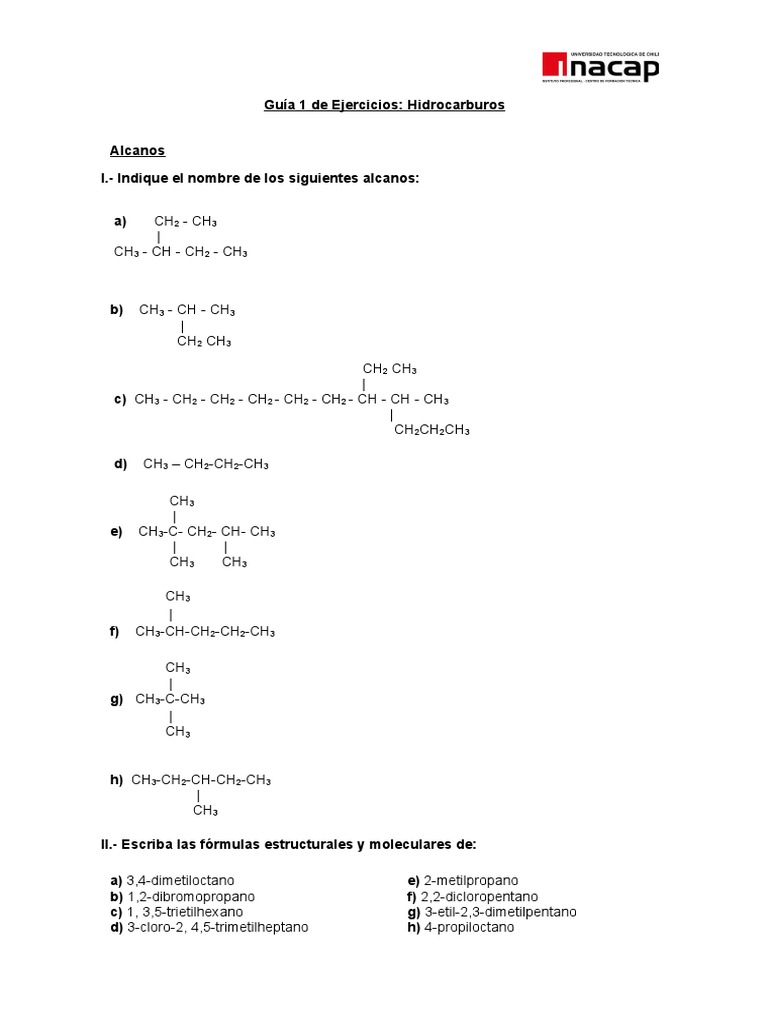 Guía 1 de Ejercicios Hidrocarburos | PDF | Alcano | Grupo funcional