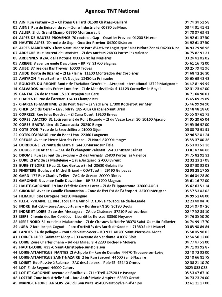 Agences TNT en France: Liste Complète | PDF