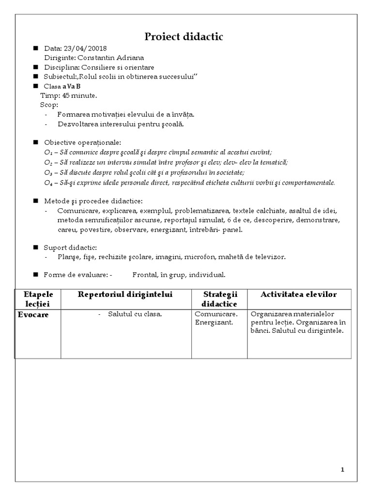 Proiect Didactic Scoala-5 | PDF