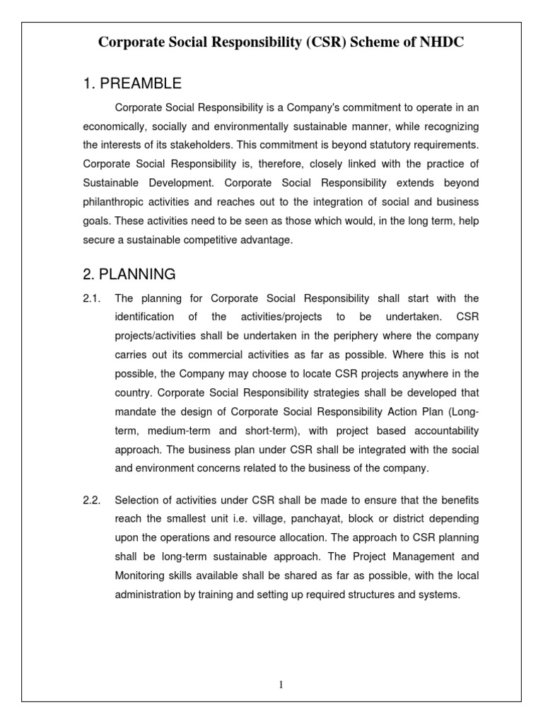 Preamble: Corporate Social Responsibility (CSR) Scheme of NHDC | PDF ...