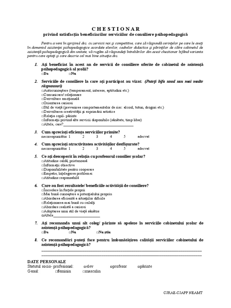 Chestionar Satisfactia Beneficiarilor | PDF