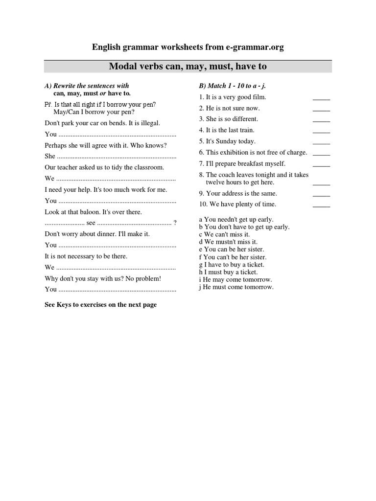Modal Verbs Can May Must Worksheet PDF | PDF | Languages | Language ...