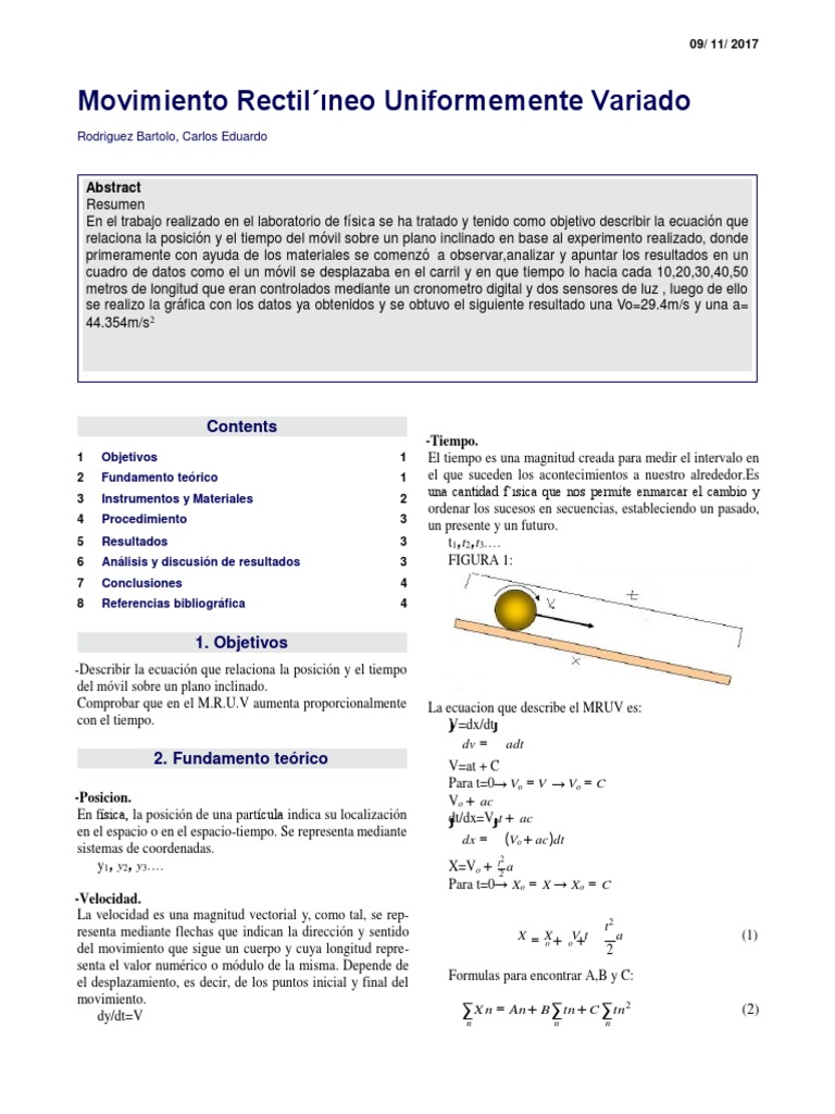 Movimiento Rectil Ineo Uniformemente Variado: Rodriguez Bartolo, Carlos Eduardo | PDF | Time ...