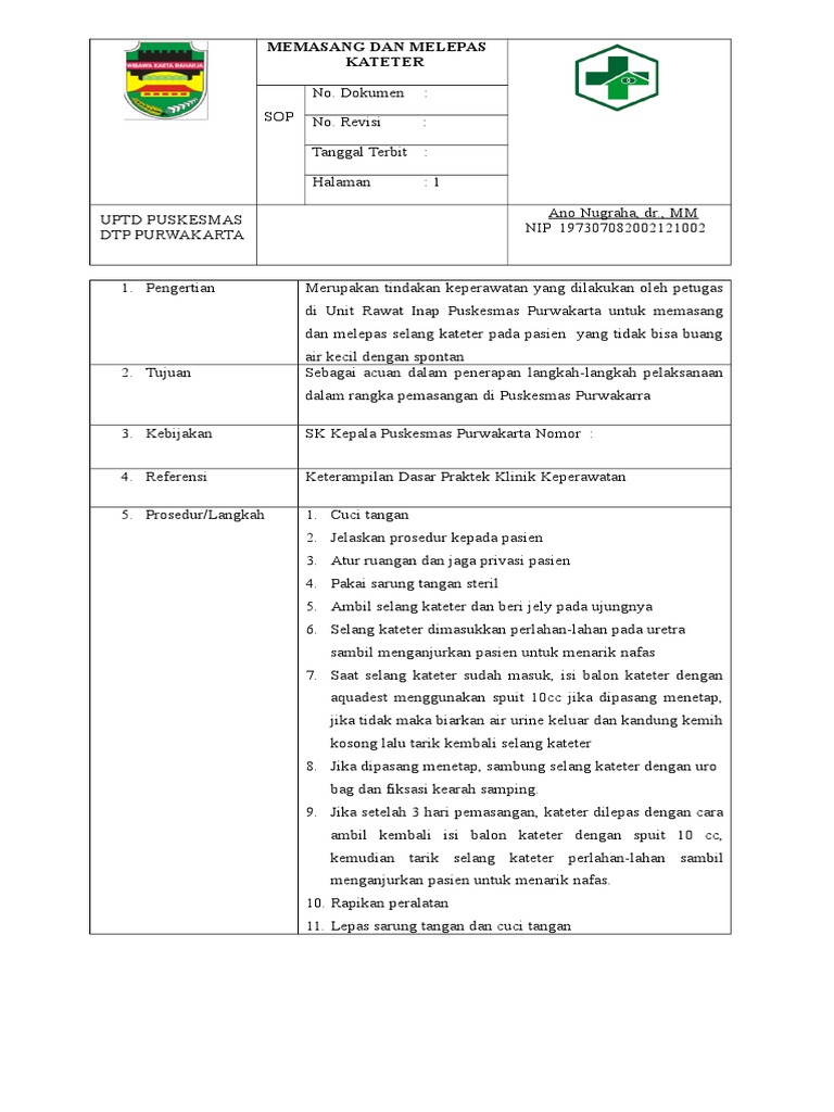 SOP Memasang Dan Melepas Kateter | PDF