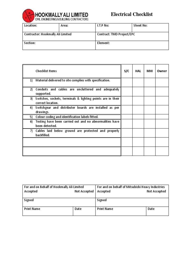 Electrical Inspection Checklist PDF | PDF | Technology & Engineering