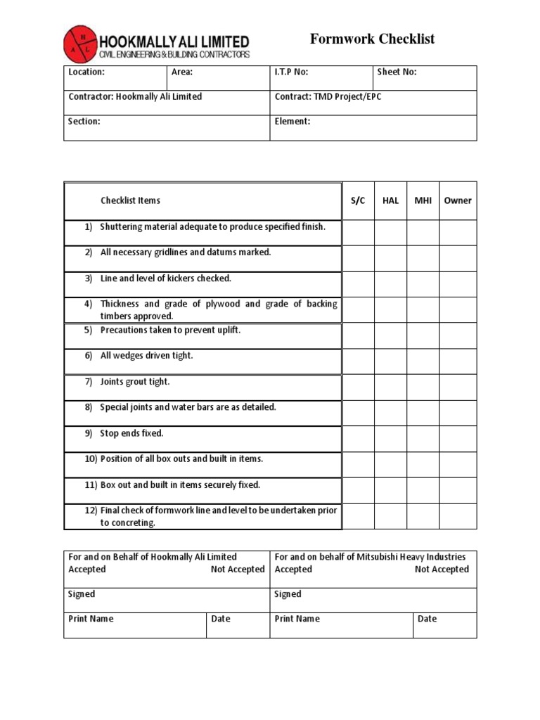 Formwork Checklist | PDF