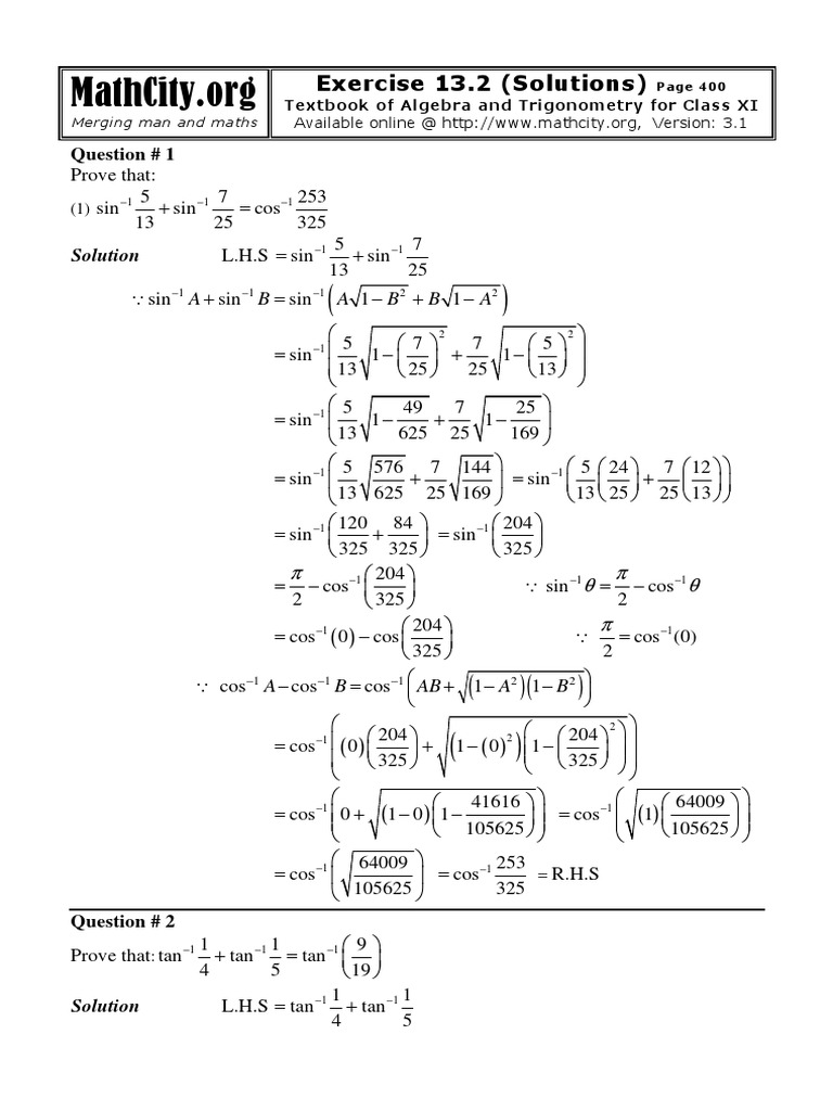 Algebra and Trigonometry Solutions for Class XI | PDF | Trigonometry | Trigonometric Functions