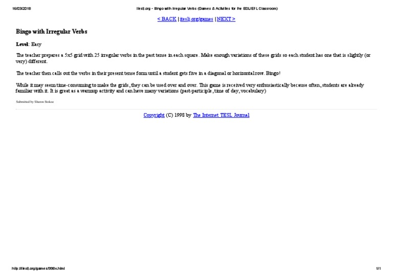 Bingo With Irregular Verbs (Games & Activities For The ESL - EFL ...