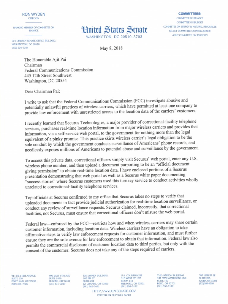 Wyden Securus Location Tracking Letter To FCC | PDF