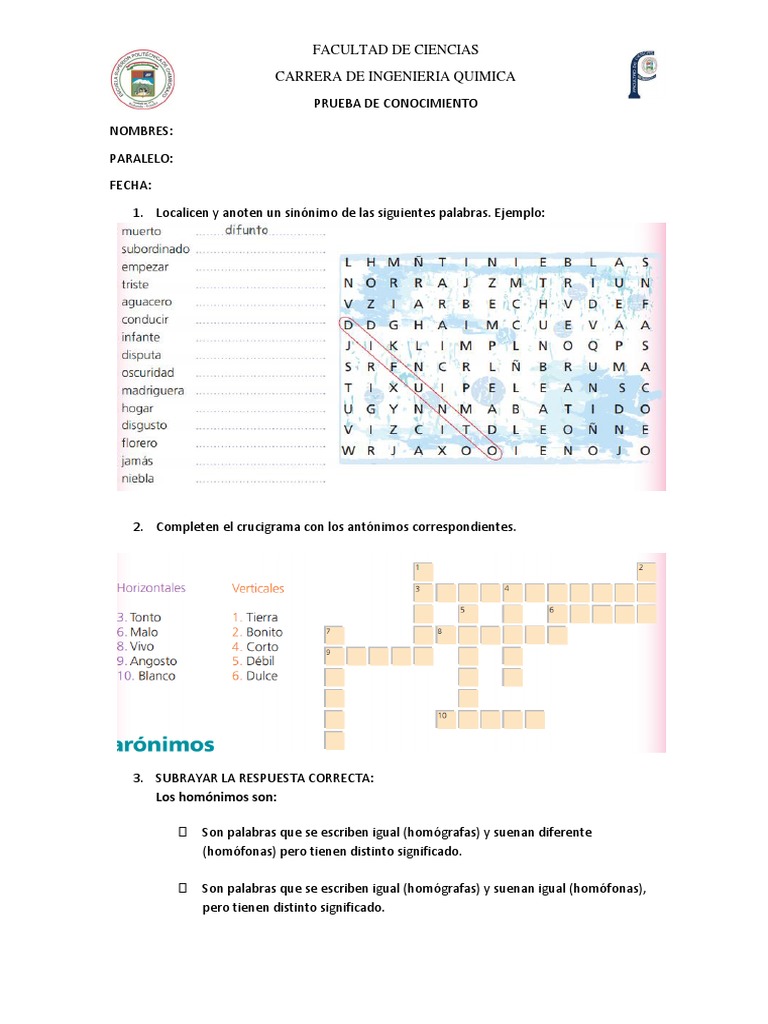 Prueba de Sinonimos, Antonimos y Homonimos | PDF
