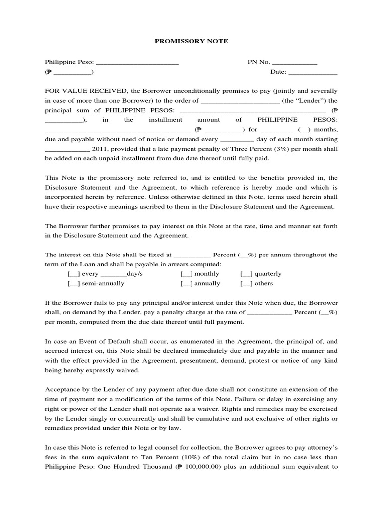 Terms of a Promissory Note for a Loan Between a Lender and Borrower ...