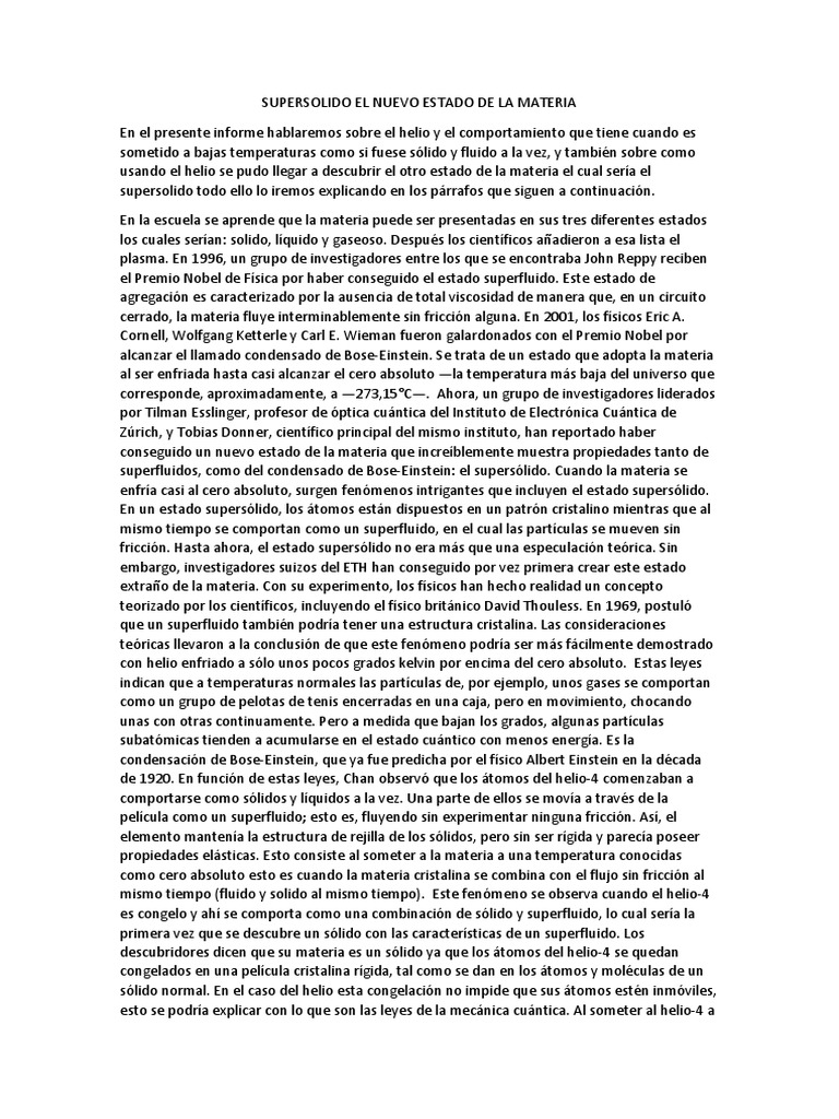 Supersolido El Nuevo Estado de La Materia | PDF | Helio | Física