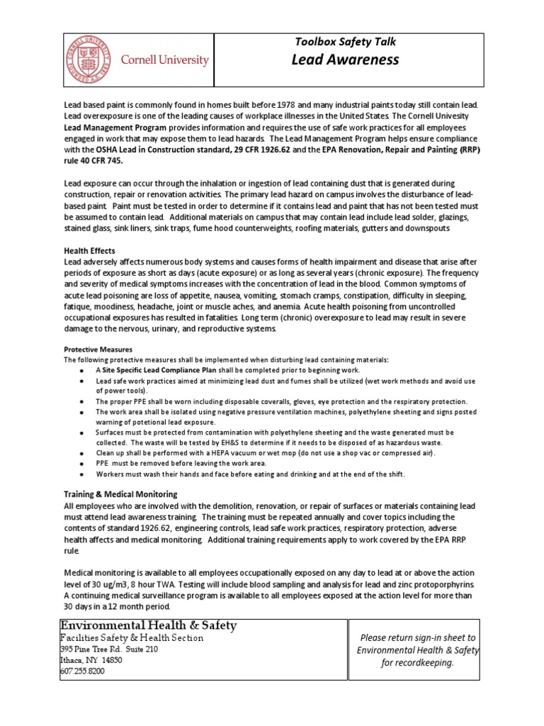 Lead Awareness Toolbox Talk | PDF | Lead | Personal Protective Equipment